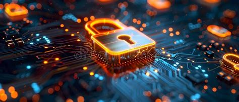 Cybersecurity Shield Orange Locks On Digital Circuitry Concept Tech Security Cyber Defense
