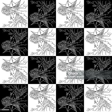 원활한 질감 조디악 기호 물병자리 흑백 그리기 소녀와 바다와 그녀의 머리와 종이 보트의 형태로 모자 가리기에 대한 스톡 벡터 아트 및 기타 이미지 Istock