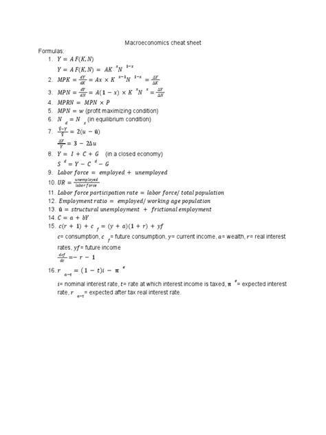 Macroeconomics Formulas Cheat Sheet Pdf Labour Economics Full