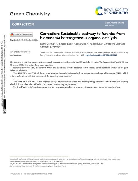 Pdf Correction Sustainable Pathway To Furanics From Biomass Via