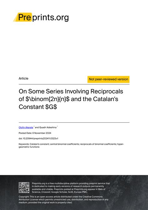 Pdf On Some Series Involving Reciprocals Of Central Binomial Coefficients And The Catalans