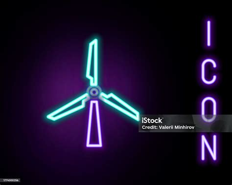 검은 색 배경에 고립 된 빛나는 네온 라인 풍력 터빈 아이콘 풍력 발전기 기호 풍차 실루엣 전력 생산을 위한 풍차 다채로운 개요