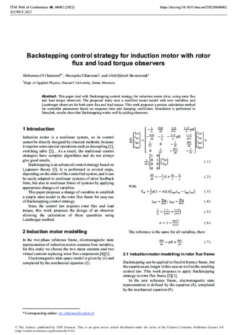 Pdf Backstepping Control Strategy For Induction Motor With Rotor Flux And Load Torque Observers