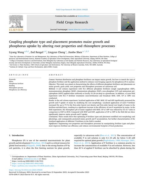 PDF Coupling Phosphate Type And Placement Promotes Maize Growth And Phosphorus Uptake By