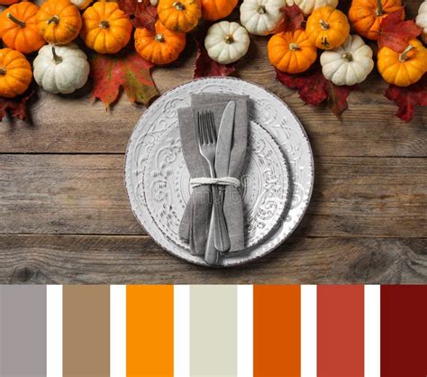 Shades Of Fall Autumn Table Setting And Matching Color Palette Stock