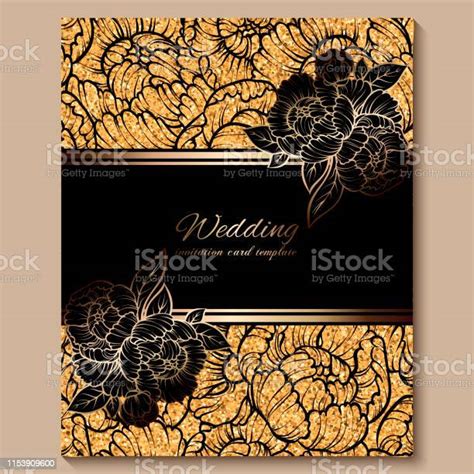 골동품 로얄 럭셔리 웨딩 초대장 카드 텍스트 프레임 및 장소 장미 또는 모란으로 만든 검은 레이스 단풍과 황금 반짝이 배경 0명에 대한 스톡 벡터 아트 및 기타 이미지