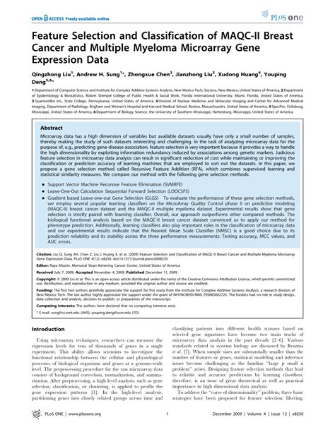 pdf feature selection and classification of maqc ii breast cancer and multiple myeloma