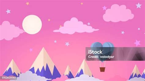 사랑 비행기 풍선 개념입니다 보라색과 분홍색 종이 접기의 엽서 애니메이션 열기구는 별과 달 사이에서 하늘을 날아 구름과 산 위로 날아갑니다 3d 렌더링 공예에 대한 스톡