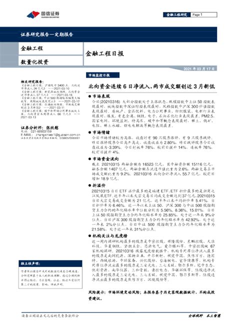 金融工程日报：北向资金连续6日净流入，两市成交额创近3月新低