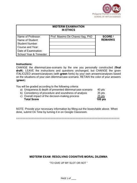 Ethics Midterm Exam Resolving A Cognitive Moral Dilemma 2 2023 Ayat Pdf Argument