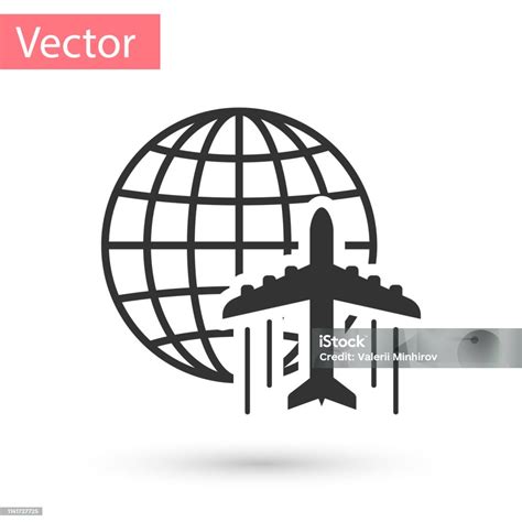 흰색 배경에 고립 된 비행 비행기 아이콘 회색 글로브입니다 비행기는 지구 주위를 날아 항공기 세계 아이콘입니다 벡터 일러스트 0명에 대한 스톡 벡터 아트 및 기타 이미지