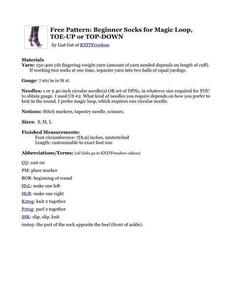 Free Pattern Beginner Socks For Magic Loop TOE UP Or TOP DOWN By Liat Gat Of Knitfreedom DocsLib