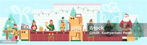 엘프와 산타 플랫 벡터 일러스트와 장난감과 선물 크리스마스 공장 공장 산업 건물에 대한 스톡 벡터 아트 및 기타 이미지 공장