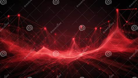 Abstract Network Of Glowing Red Lines And Dots Creating Digital Mesh Structure On Dark