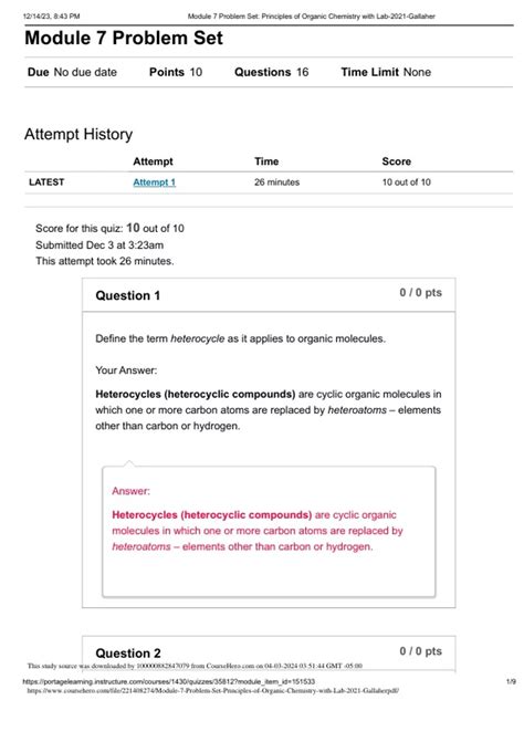 Chem 219 Module 7 Problem Set Principles Of Organic Chemistry With Lab 2021 Gallaher Module 7