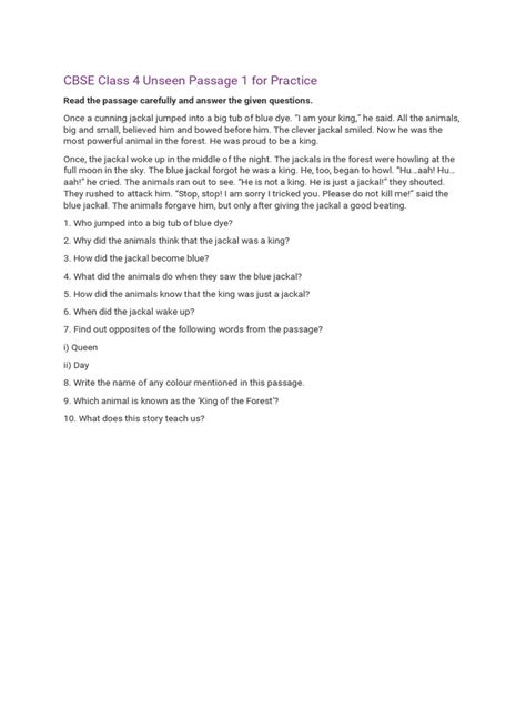 Cbse Class 4 Unseen Passage 1 For Practice Pdf