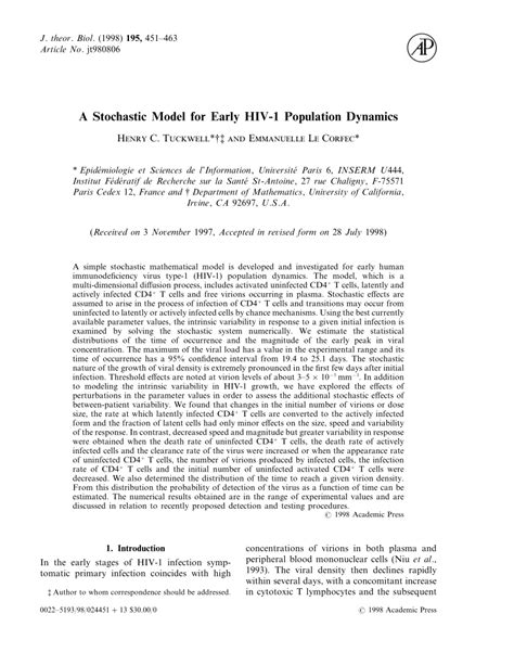 Pdf A Stochastic Model For Early Hiv 1 Population Dynamics
