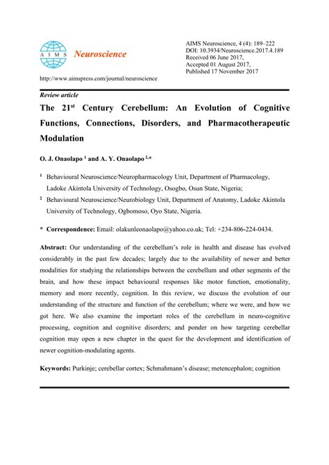 Pdf The 21st Century Cerebellum An Evolution Of Cognitive Functions