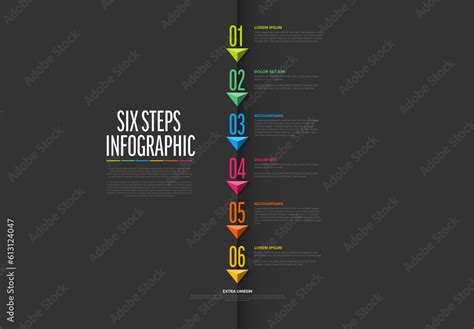 Six Color Steps With Triangle Arrow Pointers On A Vertical Line Dark Template Stock Template