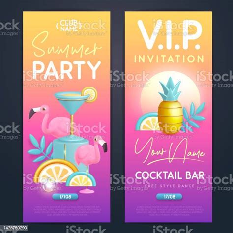 여름 칵테일 디스코 파티 타이포그래피 포스터에는 3d 플라스틱 플라밍고 칵테일 파인애플이 있습니다 초대장 디자인 벡터 그림 3차원 형태에 대한 스톡 벡터 아트 및 기타