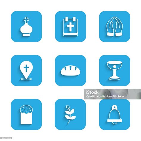 기독교 빵 버드 나무 잎 교회 종 성배 부활절 케이크 위치 교회 건물 손기도 위치 및 타워 아이콘을 설정합니다 벡터 건축하기에 대한 스톡 벡터 아트 및 기타 이미지 Istock