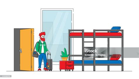 짐을 가진 젊은 남성 캐릭터는 밤에 머물이층 침대가있는 호스텔 룸에 들어갑니다 여행자 힙스터 저렴한 게스트 하우스 또는 기숙사 침실로 이동합니다 호스피탈리티 서비스 선형