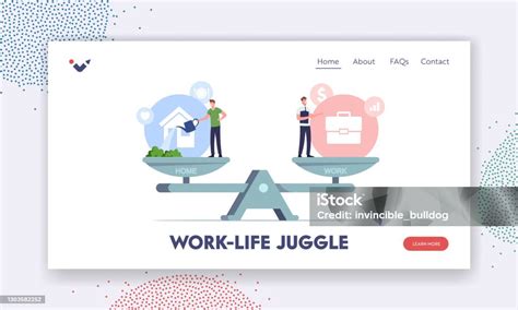 작업 및 홈 랜딩 페이지 템플릿 간의 균형 경력 이나 가족과 거 대 한 규모에 균형 작은 남성 캐릭터 저울에 대한 스톡 벡터