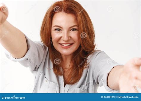 Joyful Successful Stylish Redhead Middle Aged Beautiful Woman Taking Selfie Hold Camera Both