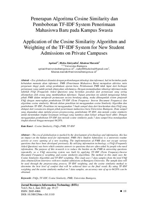 Pdf Penerapan Algoritma Cosine Similarity Dan Pembobotan Tf Idf