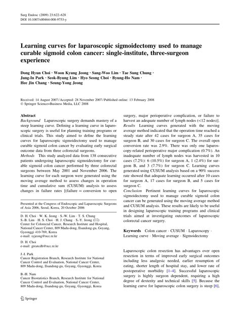 Pdf Learning Curves For Laparoscopic Sigmoidectomy Used To Manage Curable Sigmoid Colon Cancer