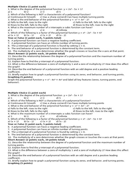 Polynomial Functions Quiz Guide Pdf Polynomial Zero Of A Function
