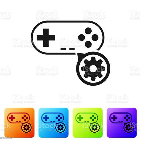 블랙 게임 패드와 기어 아이콘 흰색 배경에 고립 조정 응용 프로그램 서비스 개념 설정 옵션 유지 보수 수리 고정 색상 사각형