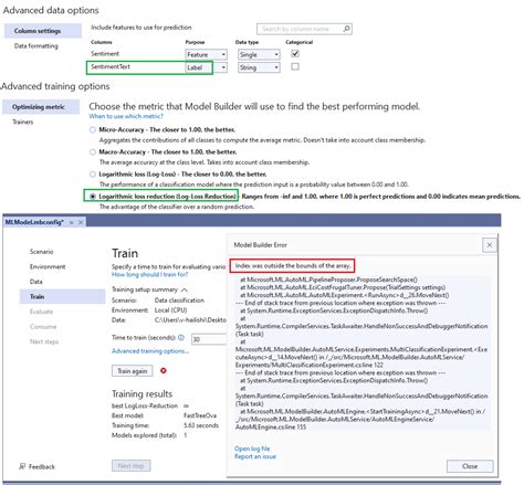 Data Classification Training Failed With Model Builder Error Index Was Outside The Bounds Of