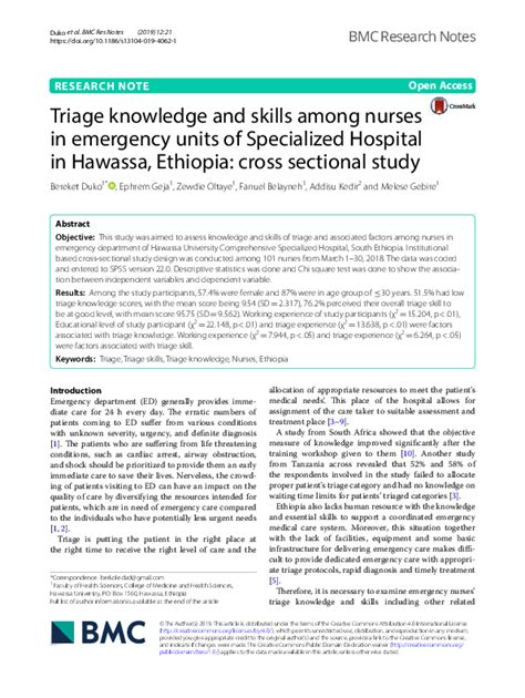 Pdf Triage Knowledge And Skills Among Nurses In Emergency Units Of Specialized Hospital In