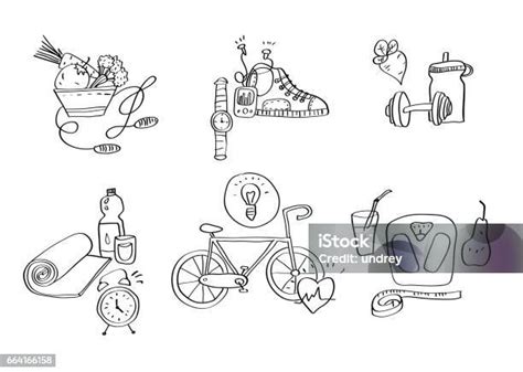 손으로 그린 스포츠 장비 아이콘 벡터 일러스트 레이 션 건강한 생활방식에 대한 스톡 벡터 아트 및 기타 이미지 건강한 생활방식 건강한 식생활 다이어트 Istock