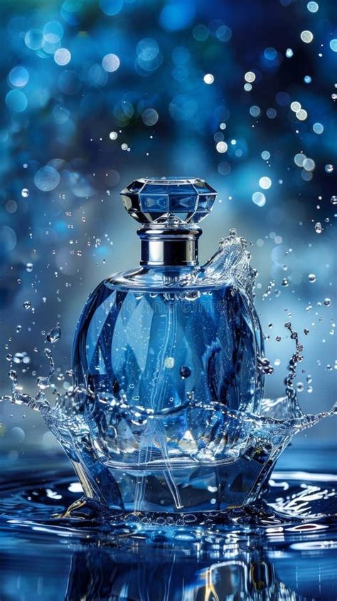 Blue Perfume Bottle Splashing In Water With Bokeh Background Stock