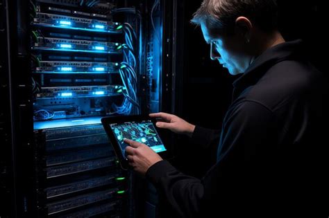 Premium Photo Technician Inspecting A Server While Holding A Tablet
