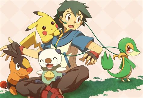 An Anime Character Sitting On The Ground With Several Pokemon Characters