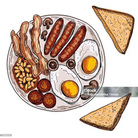 영어 또는 아일랜드식 아침 식사 튀긴 계란 소시지 베이컨 콩 토스트 손으로 그린 벡터 그림입니다 흰색에 격리 달걀에 대한 스톡