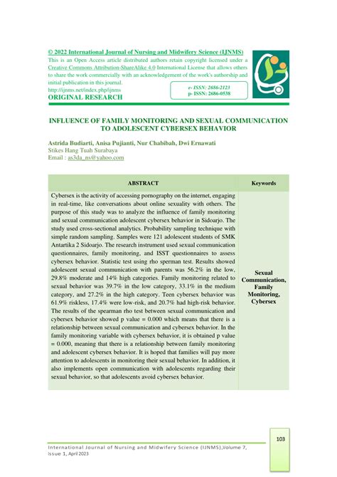 PDF INFLUENCE OF FAMILY MONITORING AND SEXUAL COMMUNICATION IN ADOLESCENT CYBERSEX BEHAVIOR