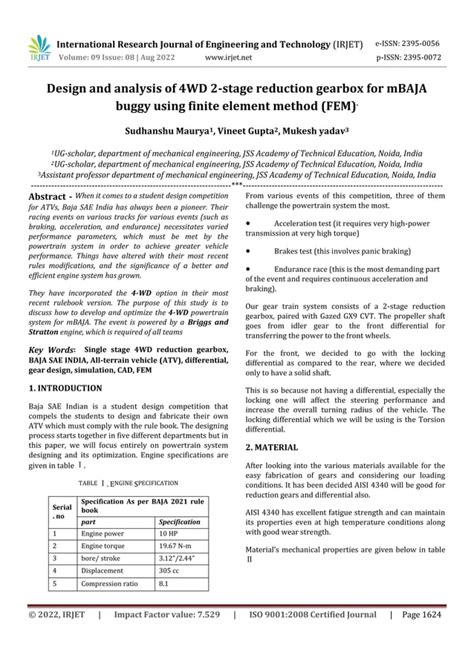design and analysis of 4wd 2 stage reduction gearbox for mbaja buggy using finite element method