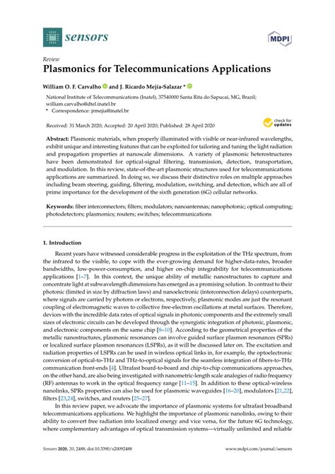 Pdf Plasmonics For Telecommunications Applications