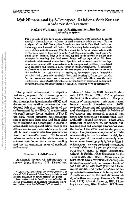 Pdf Multidimensional Self Concepts Relations With Sex And Academic