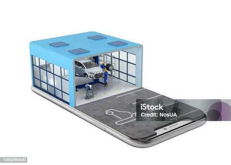 모바일 자동차 서비스 스테이션및 휴대 전화 화면에 주차의 개념 3d 흰색 그림자에 렌더링 수리에 대한 스톡 사진 및 기타 이미지 수리 개념 서비스 Istock