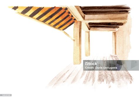 빈 복사 공간이 있는 전원주택 테라스 손으로 그린 수채화 그림 흰색 배경에 격리 수채화에 대한 스톡 벡터 아트 및 기타 이미지 수채화 0명 건설 프레임 Istock