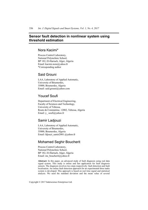 Pdf Sensor Fault Detection In Nonlinear System Using Threshold Estimation