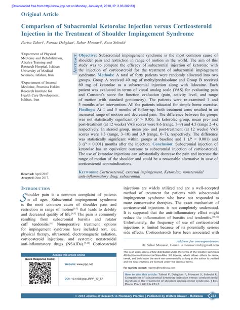 Pdf Comparison Of Subacromial Ketorolac Injection Versus Corticosteroid Injection In The