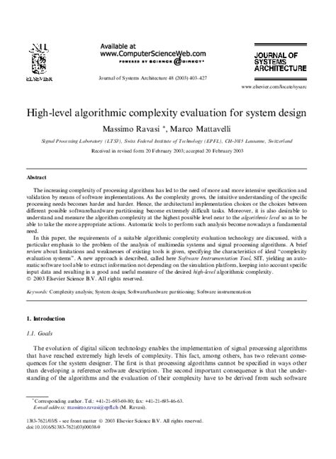 Pdf High Level Algorithmic Complexity Evaluation For System Design