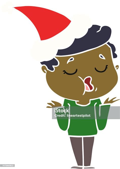 산타 모자를 쓰고 어깨를 으쓱하는 남자의 손으로 그린 평면 컬러 그림 귀여운에 대한 스톡 벡터 아트 및 기타 이미지 귀여운