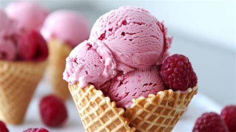 Raspberry Ripple Ice Cream Cone Close Up Of A Waffle Cone Filled With Pink Ice Cream And